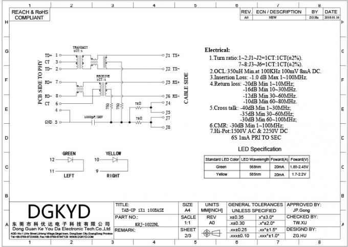 LEDs의 100 기초를 가진 Cat5 8 핀 rj45 연결관 높은 쪽으로 25.4mm 탭 - TX